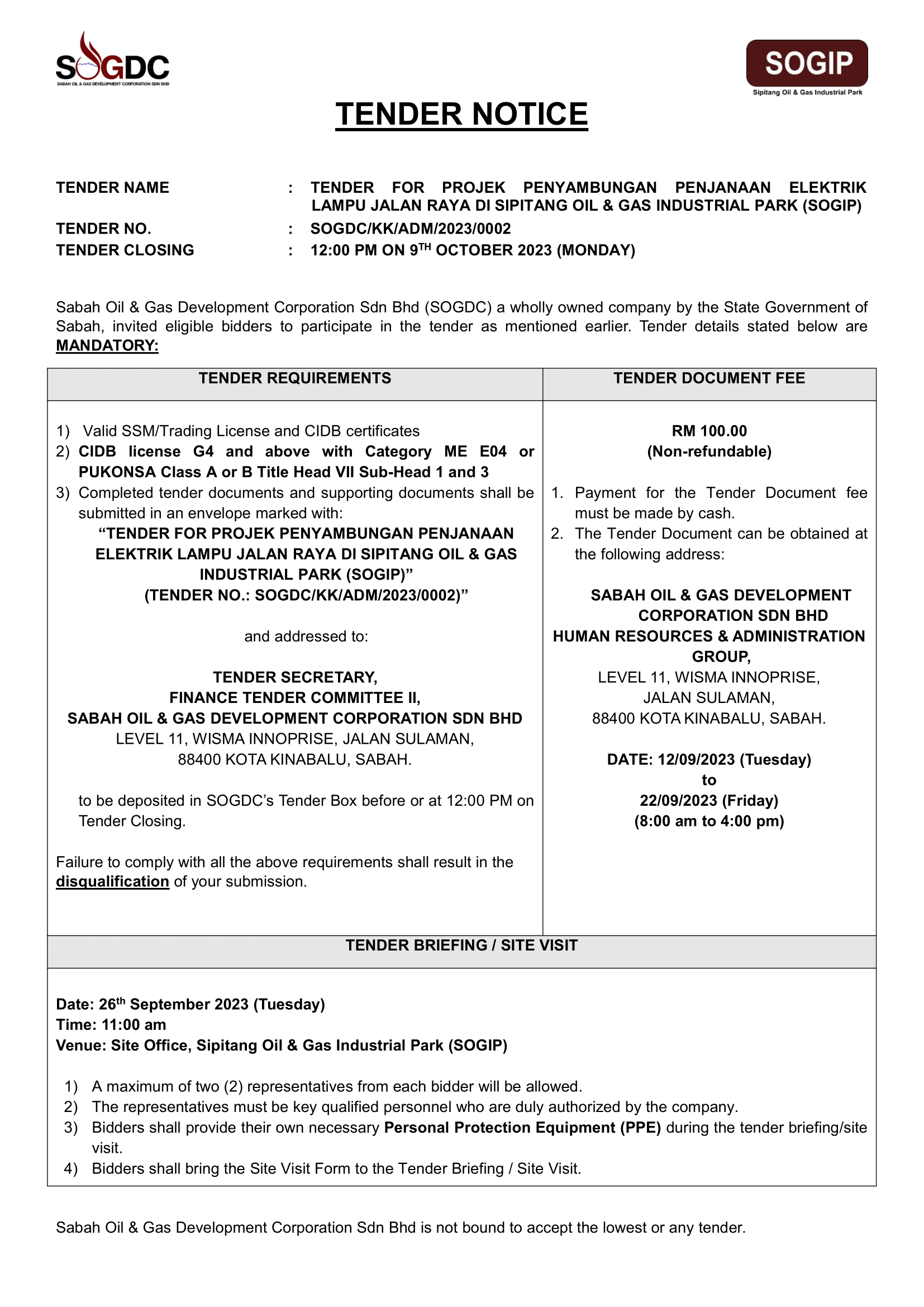 Tender T.0002 – SABAH OIL & GAS DEVELOPMENT CORPORATION SDN BHD