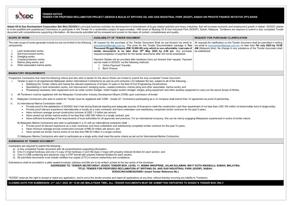 TENDER FOR PROPOSED RECLAMATION PROJECT (DESIGN & BUILD) AT SIPITANG ...